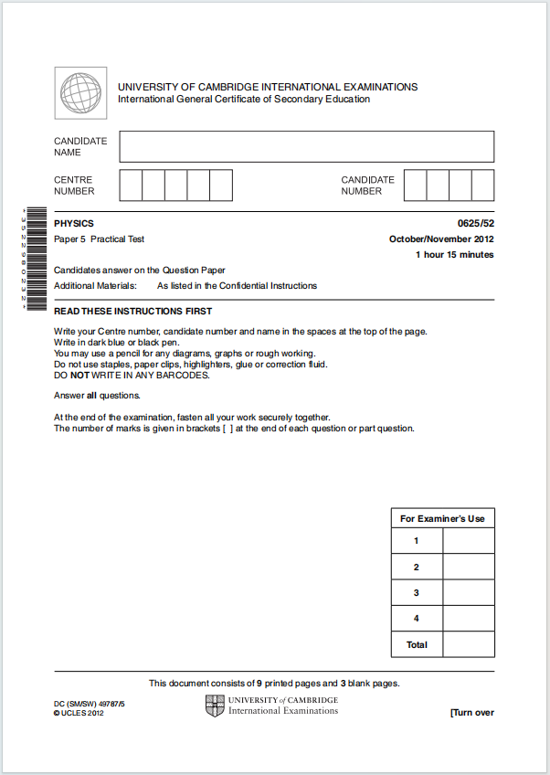 IGCSE物理2012年真题下载《IGCSE Physics Paper 5 Practical Test October/November ...